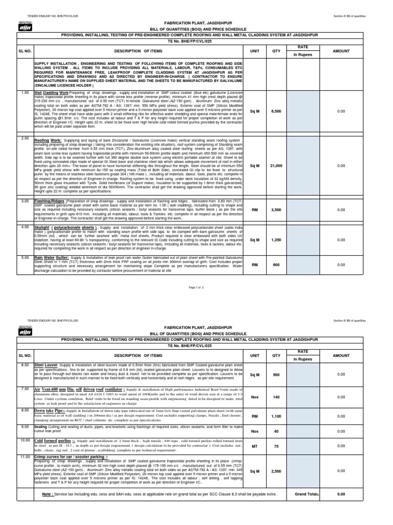 BOQ Cladding Final | Download Free PDF | Sheet Metal | Steel