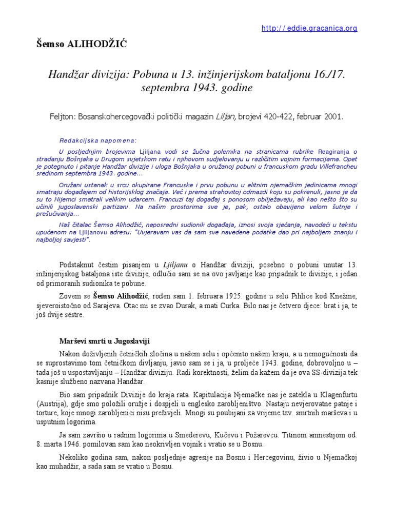 Šemso Alihodzic Pobuna Handzar Divizije U Villefrancheu | PDF