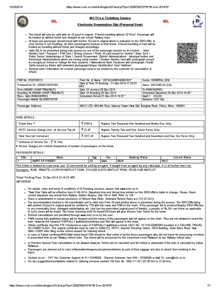 WL WL: Irctcs E Ticketing Service Electronic Reservation Slip (Personal ...