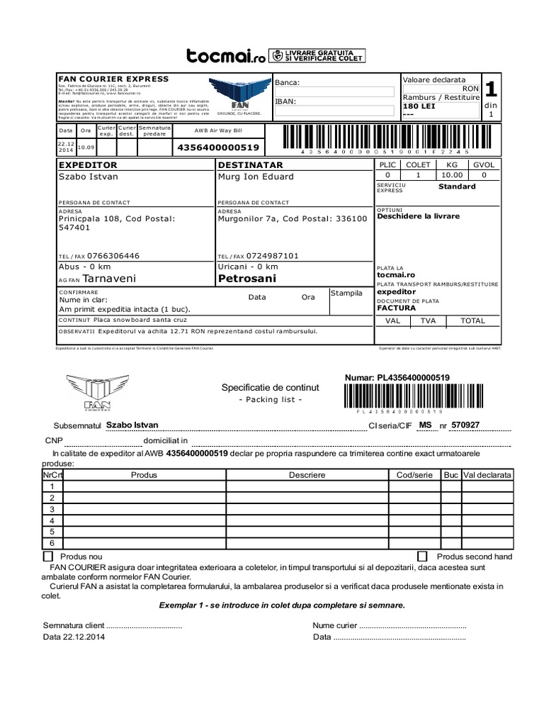 Format AWB fan Courier
