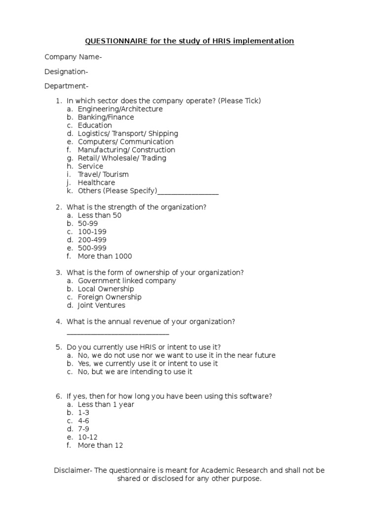 HRIS Implementation Questionnaire | PDF | Business | Economies