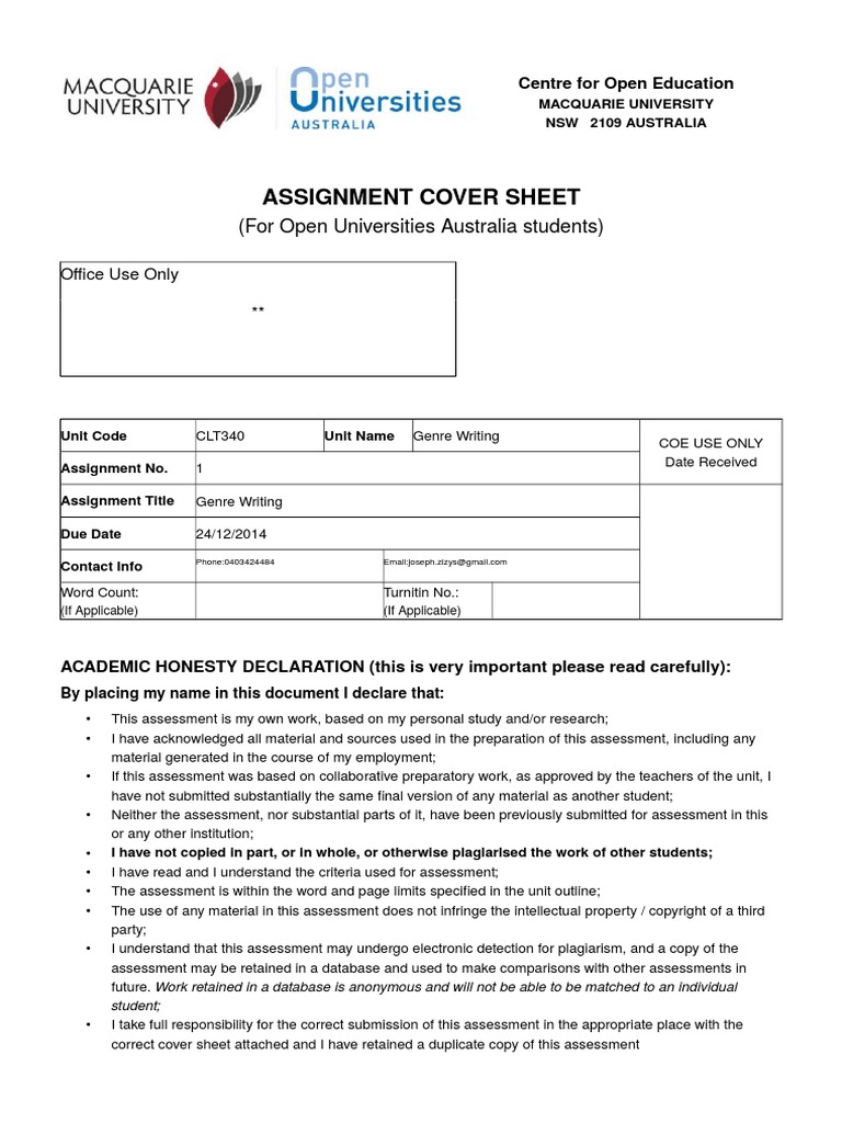 Assignment Cover Sheet: (For Open Universities Australia Students ...