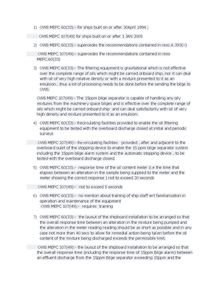 Difference Between OWS MEPC 60 (33) and 107 | PDF