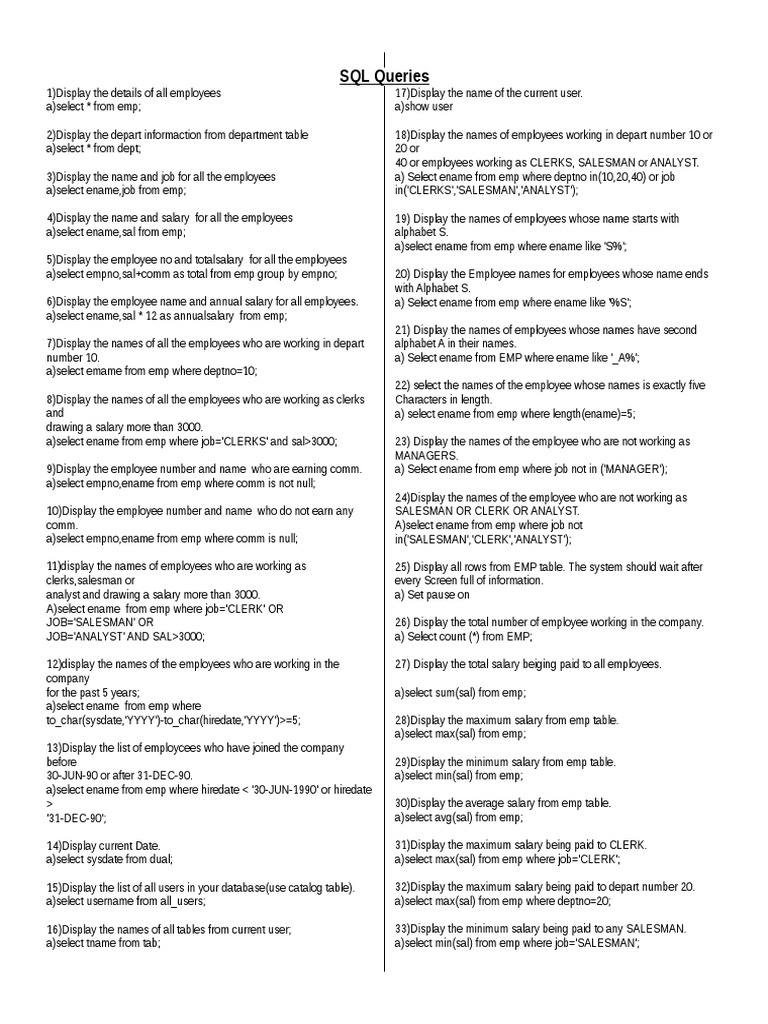 SQL Queries | Download Free PDF | Salary | Programmer SQL Queries | Download Free PDF | Salary | Programmer