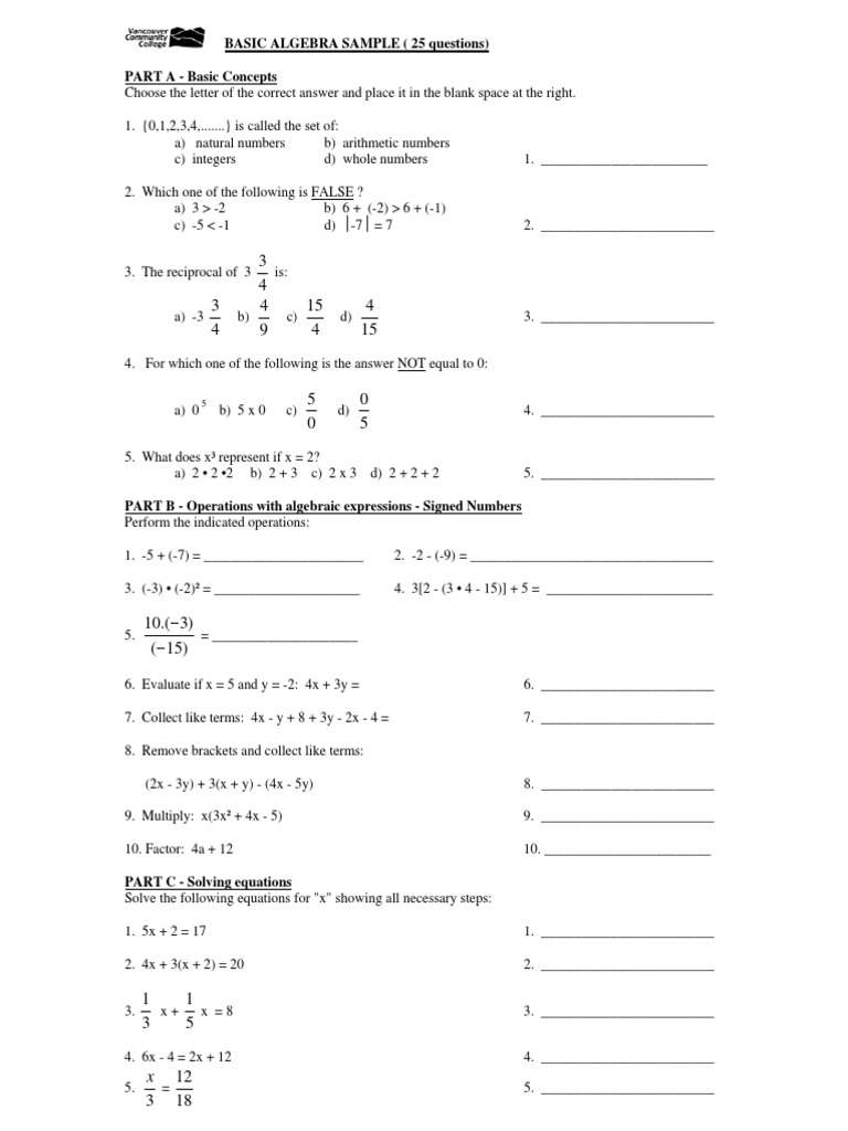 BASIC ALGEBRA SAMPLE (25 Questions) PART A - Basic Concepts | Download ...