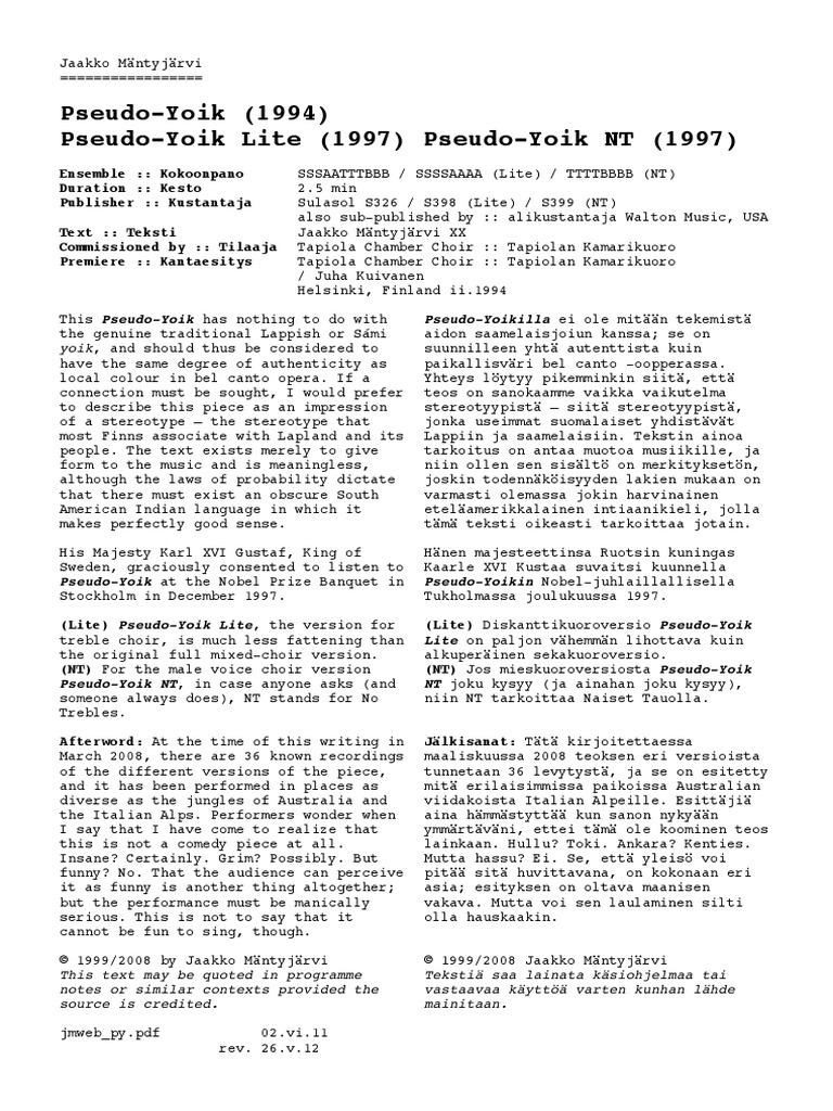 Mäntyjärvi - Pseudo-Yoik, Cover | PDF
