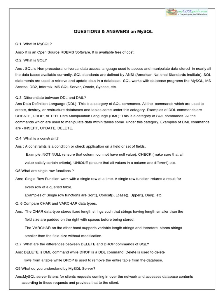 Questions & Answers On Mysql | PDF | Sql | Information Technology ...