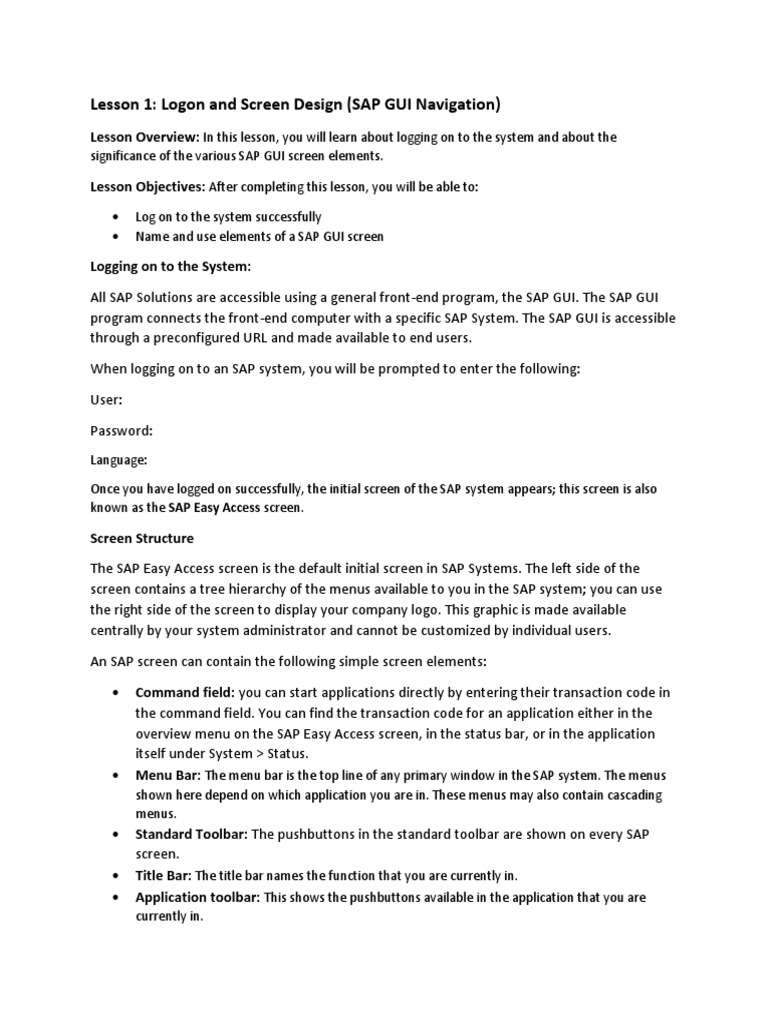Lesson 1: Logon and Screen Design (SAP GUI Navigation) | PDF ...