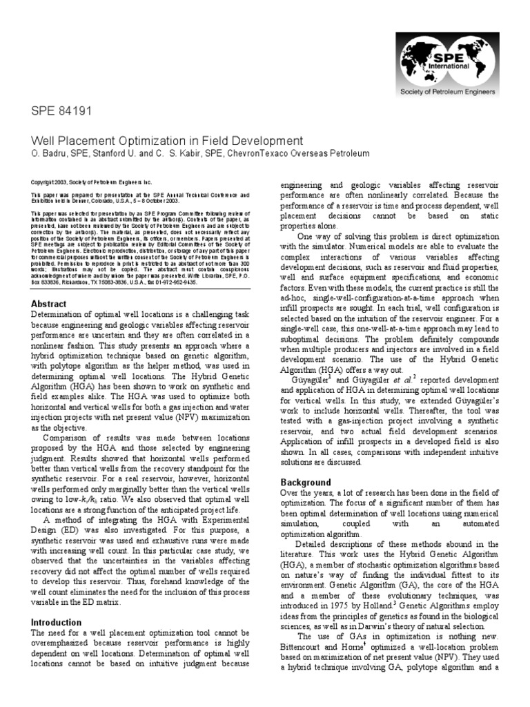 SPE 84191 MS (Well Placement) | PDF | Genetic Algorithm | Mathematical Optimization