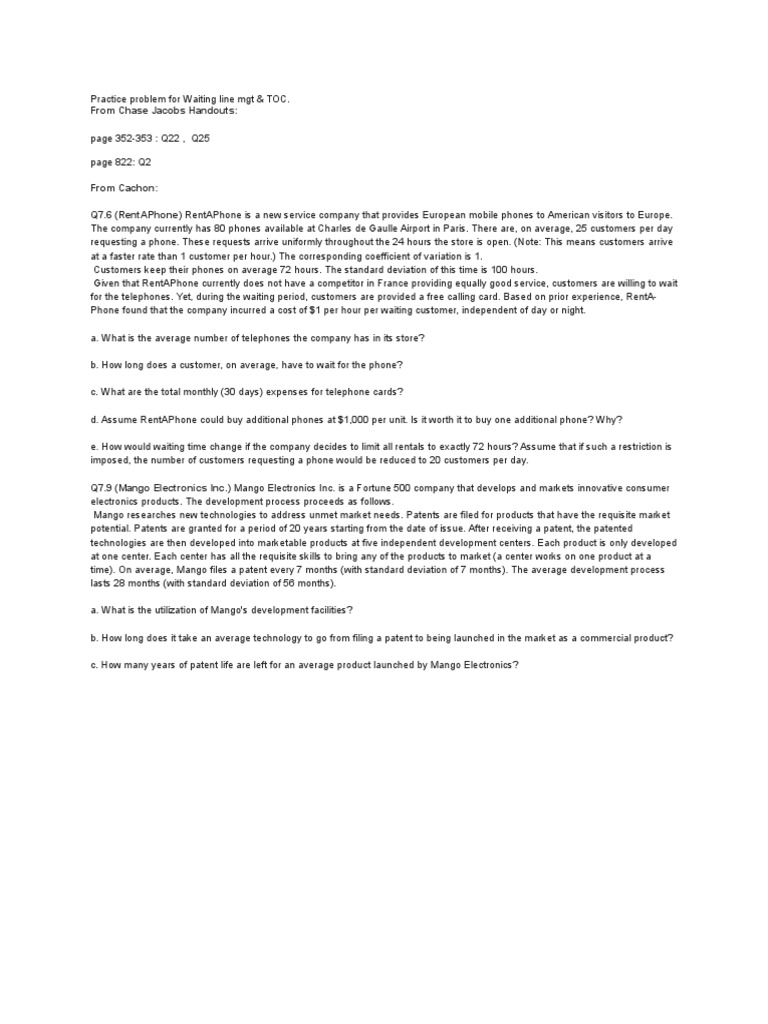 Practice Problem For Waiting Line MGT | PDF | Patent | Business