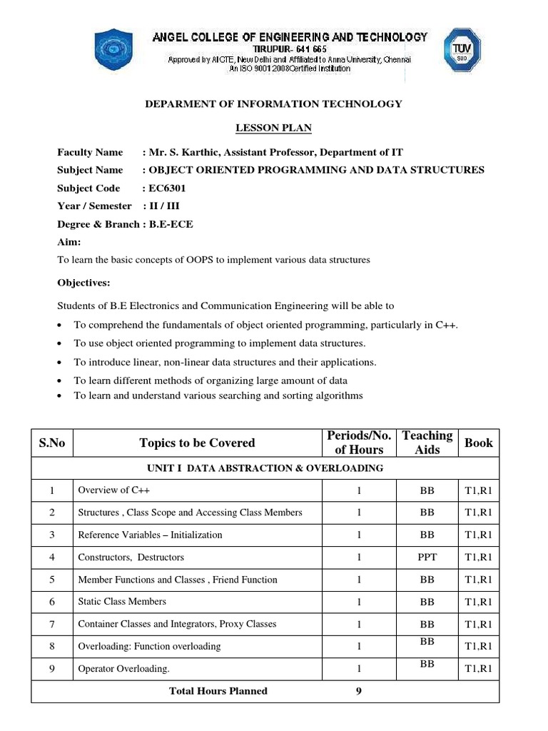 DS OOPS Lesson Plan | PDF | Class (Computer Programming) | Method ... DS OOPS Lesson Plan | PDF | Class (Computer Programming) | Method ...
