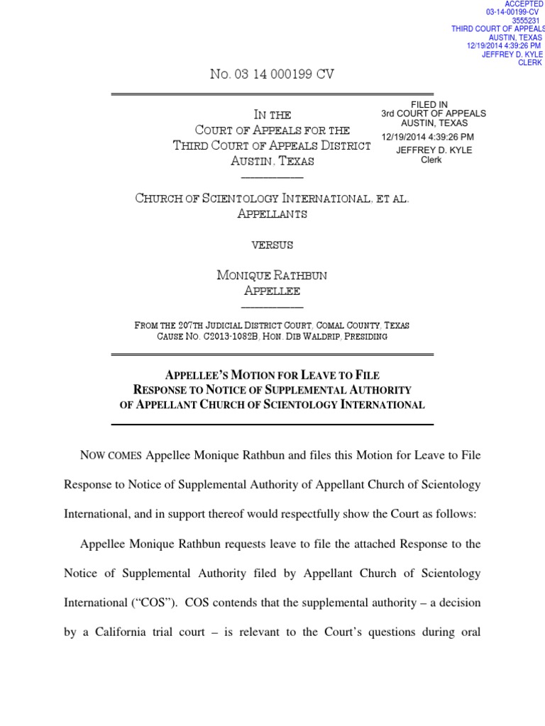 Monique Rathbun v. Scientology: Appellee's Motion For Leave To File ...