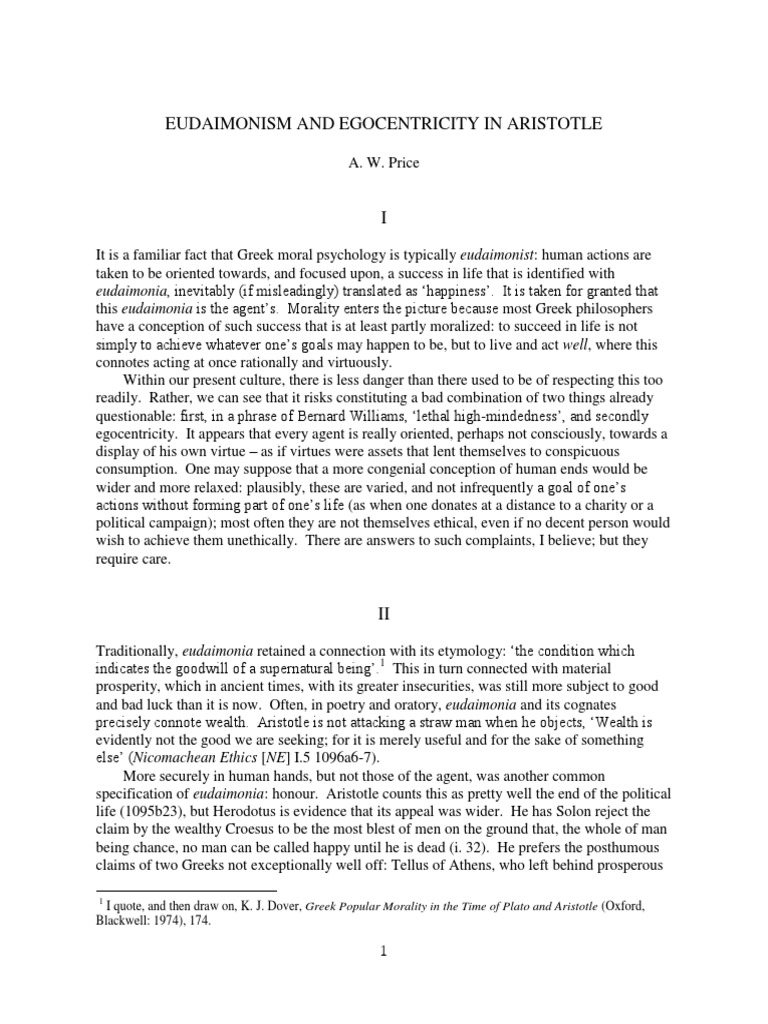 Eudaimonism and Egocentricity in Aristotle | PDF | Reason | Aristotle