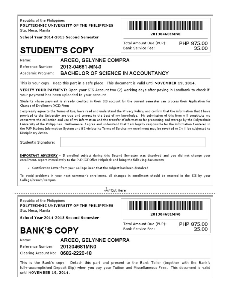 PUP Enrollment Payment Voucher | PDF | Payments | Fee