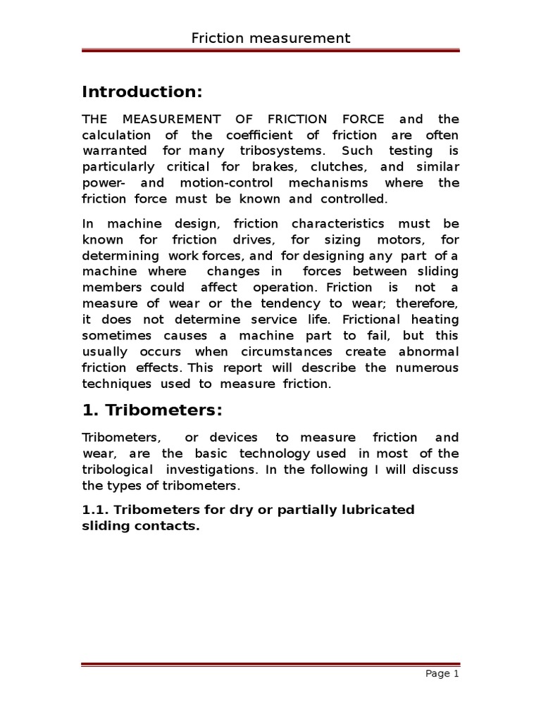 Friction Measurement: 1.1. Tribometers For Dry or Partially Lubricated ...
