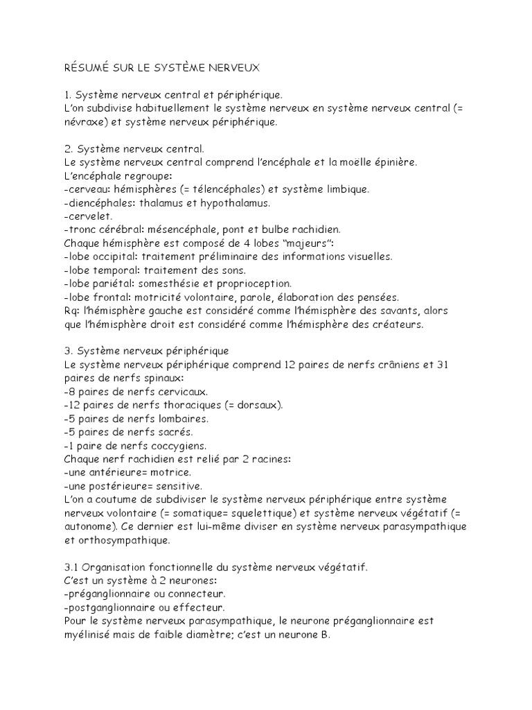 Résumé du Système Nerveux Central et Périphérique | PDF | Système ...