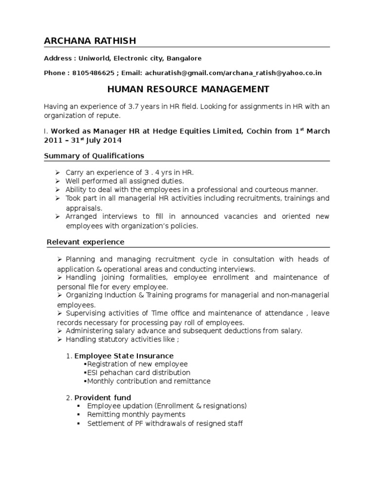 Resume Archana | PDF | Employment | Human Resource Management