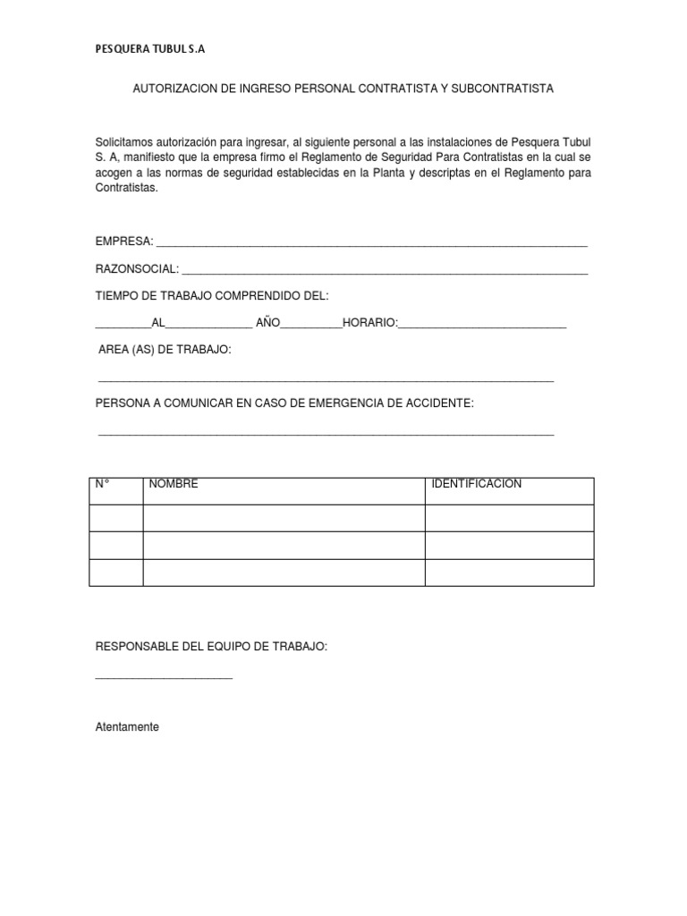 Autorizacion de Ingreso Personal Contratista y Subcontratista | PDF