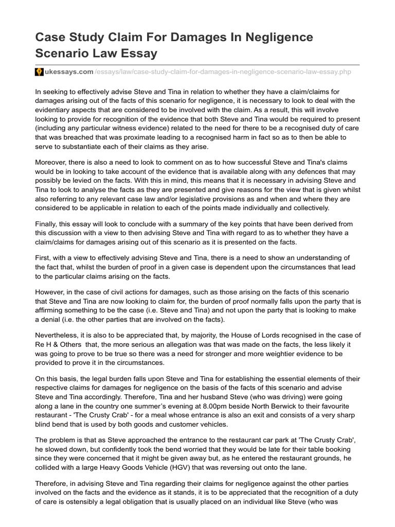 Case Study Claim For Damages in Negligence Scenario Law Essay | PDF ...