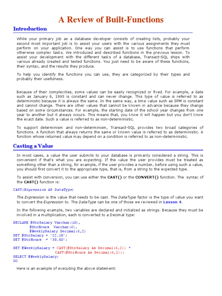 An Introduction to Built-In Functions in Transact-SQL | PDF ...