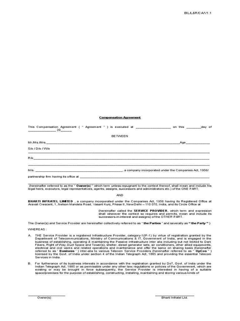 Compensation Agreement: BIL/L&R/CA/V1.1 | PDF | Indemnity | Taxes