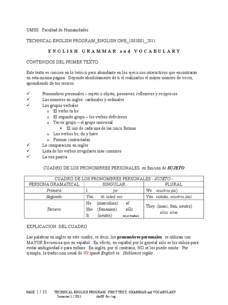 INGLES UNO Gramatica Basica | Descargar gratis PDF | Pronombre | Verbo