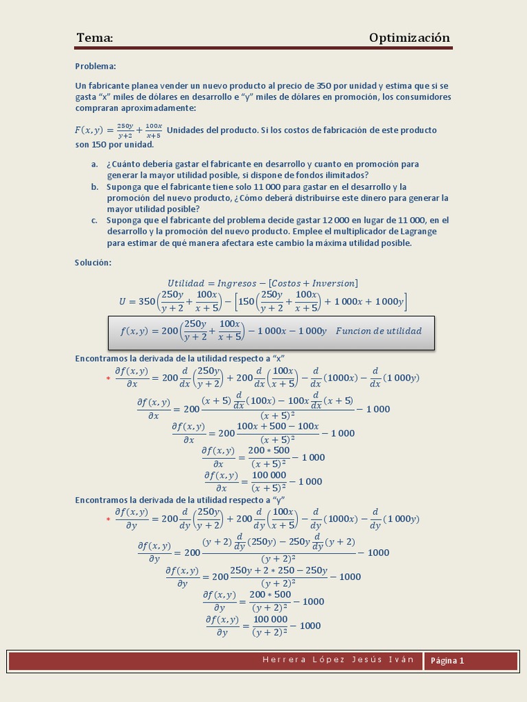 Problema de Optimizacion | Optimización Matemática | Ciencias económicas