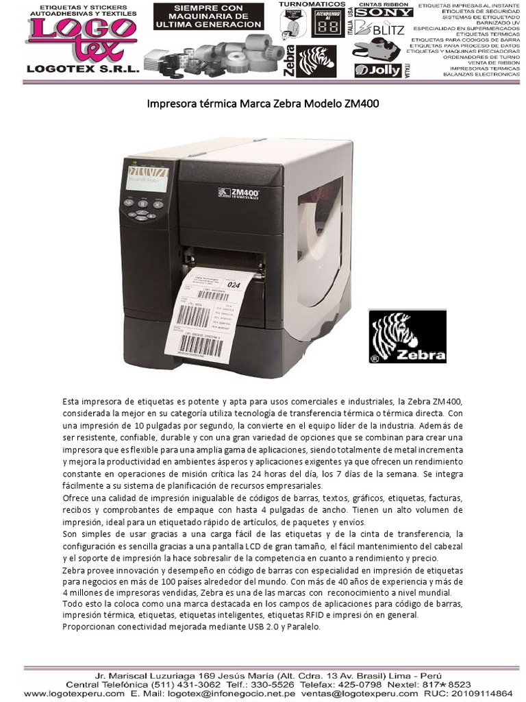 Características y especificaciones de la impresora térmica industrial Zebra ZM400 | PDF ...