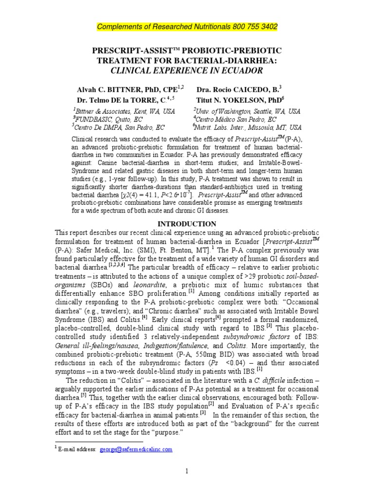 Prescript-Assist Probiotic-Prebiotic Treatment For Bacterial Diarrhea - Clinical Experience in ...