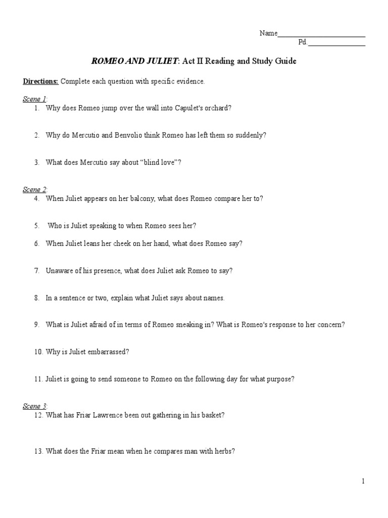 ROMEO AND JULIET: Act II Reading and Study Guide: Directions: Complete ...