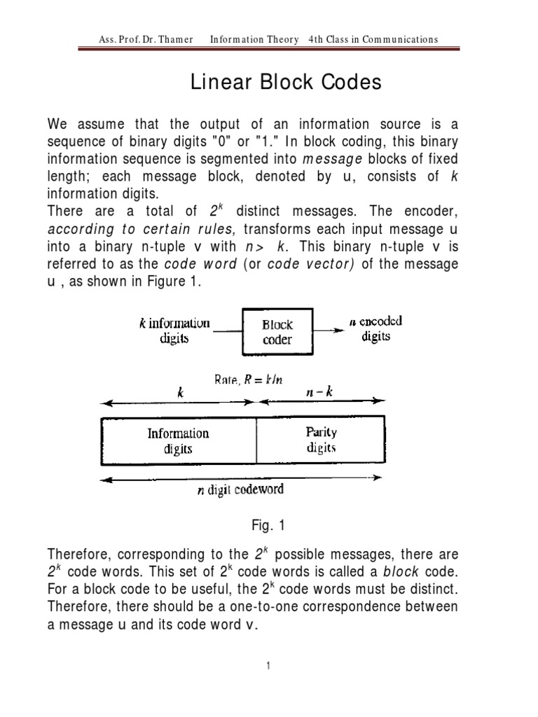 Linear Block Codes: Distinct Messages. The Encoder, According To ...