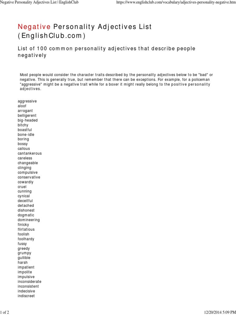 Negative Personality Adjectives List | PDF