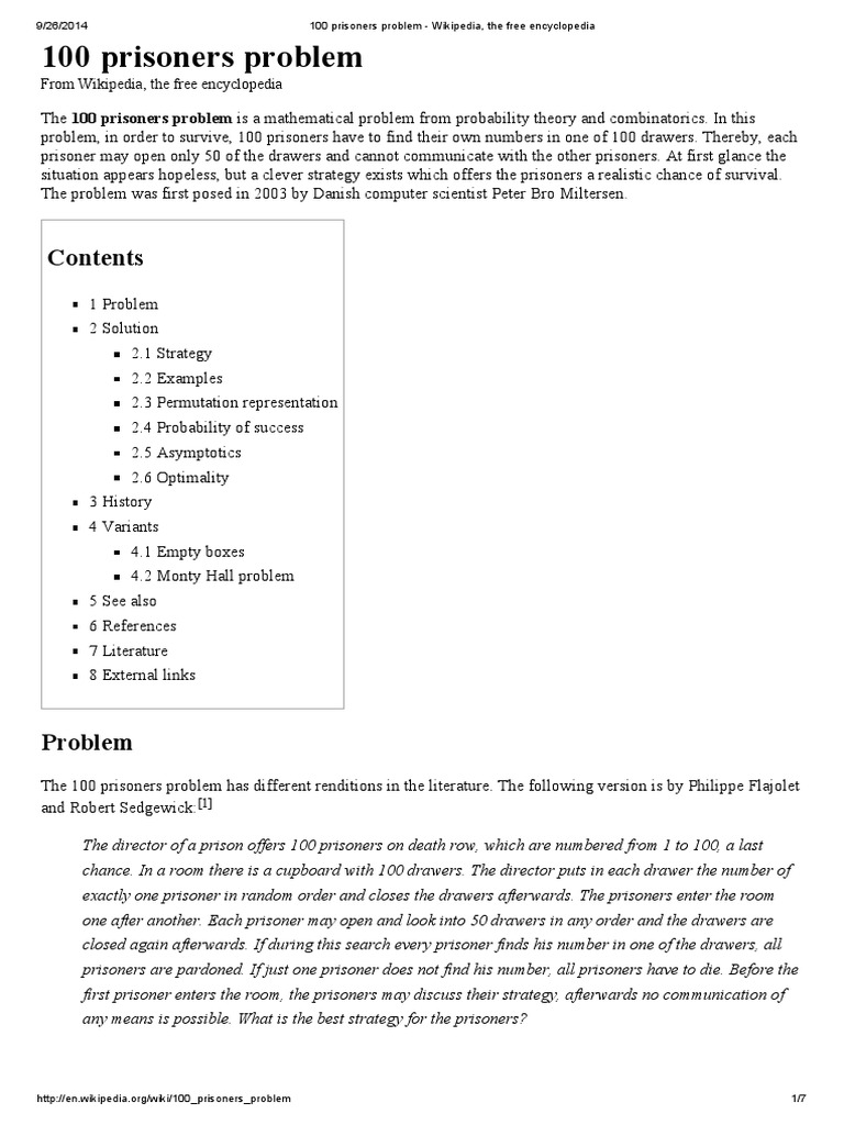100 Prisoners Problem - Wikipedia, The Free Encyclopedia | PDF ...