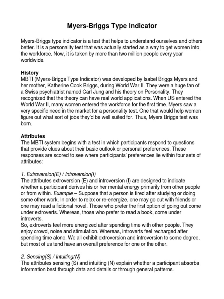 Myers-Briggs Type Indicator: History | PDF | Extraversion And Introversion | Behavioural Sciences