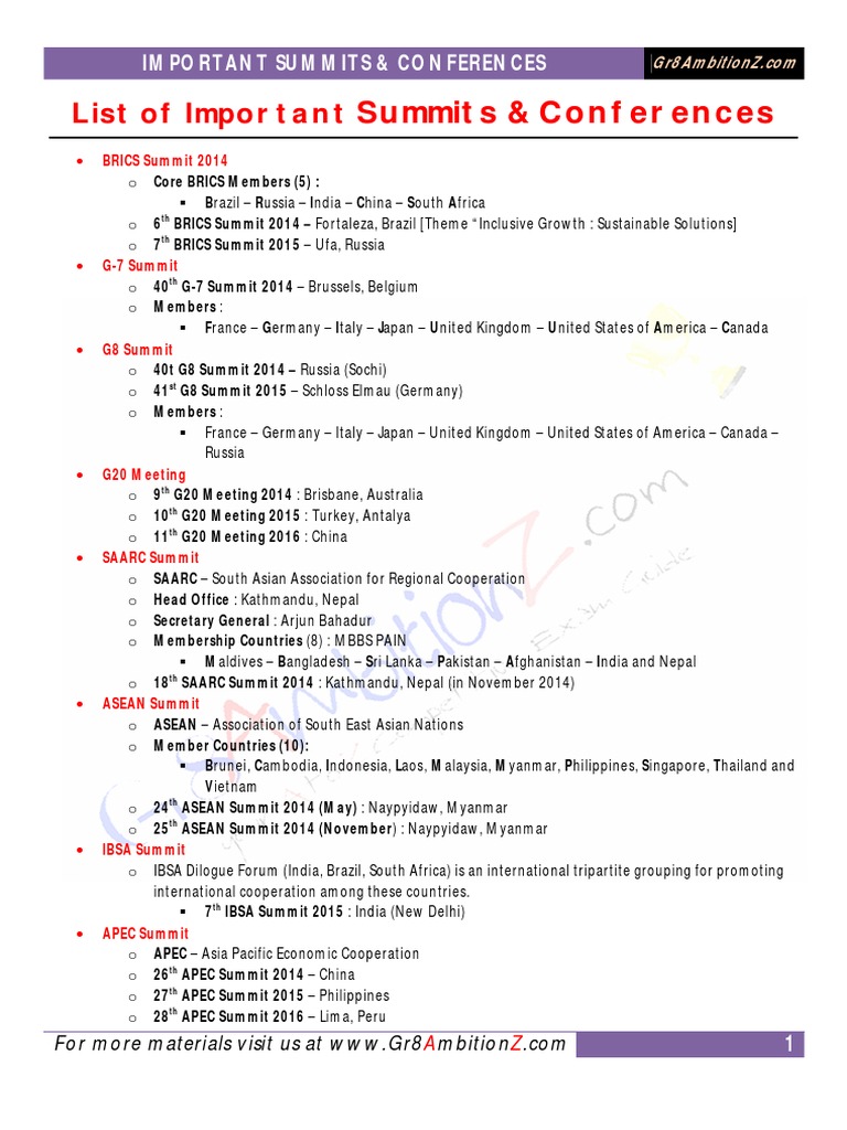 List of Important Summits | PDF | Business
