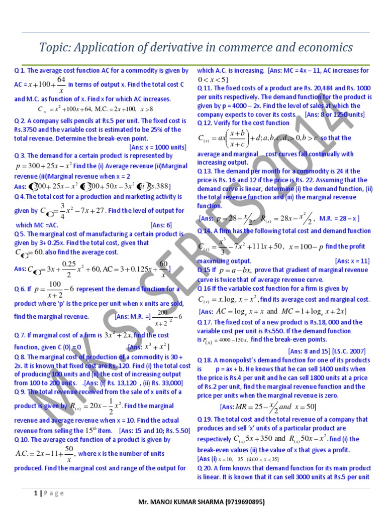Application of Derivative in Commerce and Economics | PDF | Demand ...