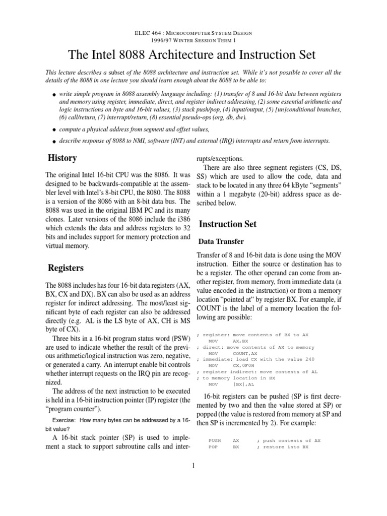 The Intel 8088 Architecture And Instruction Set Pdf
