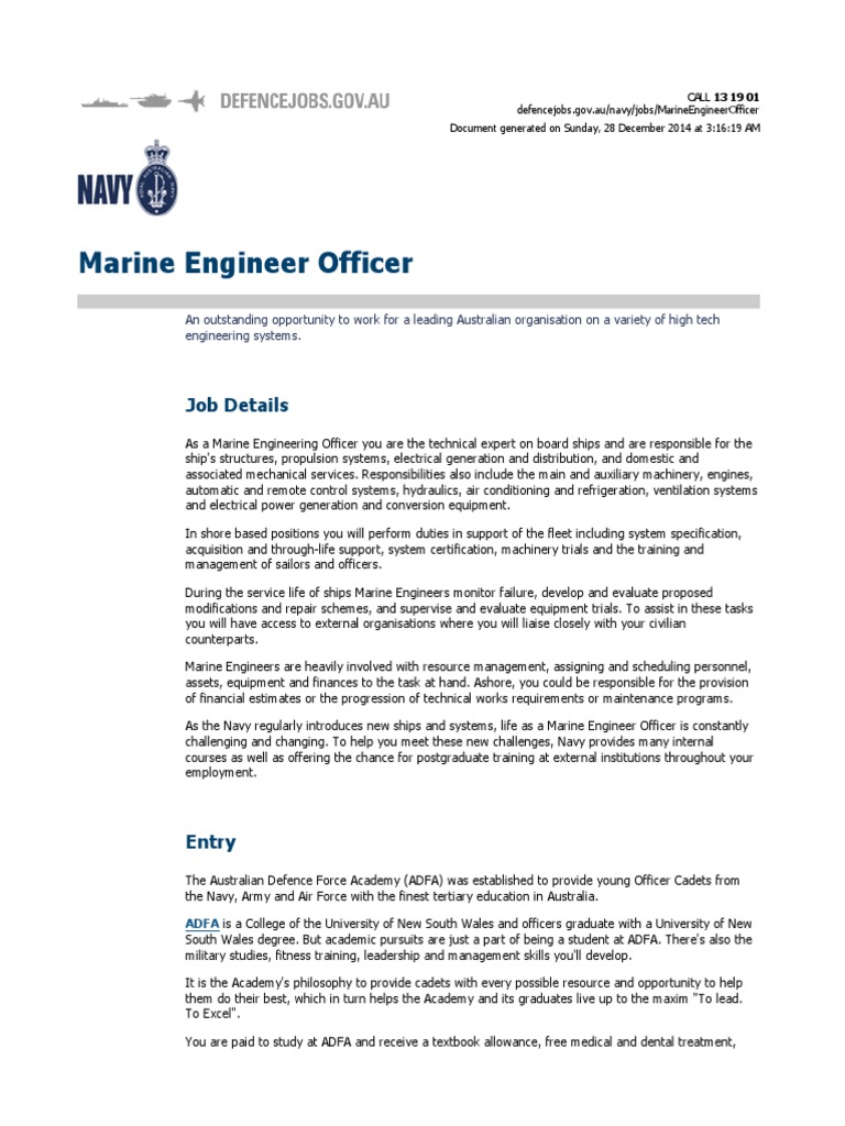 Marine Engineer Officer: Job Details | PDF | Submarines | Australian ...