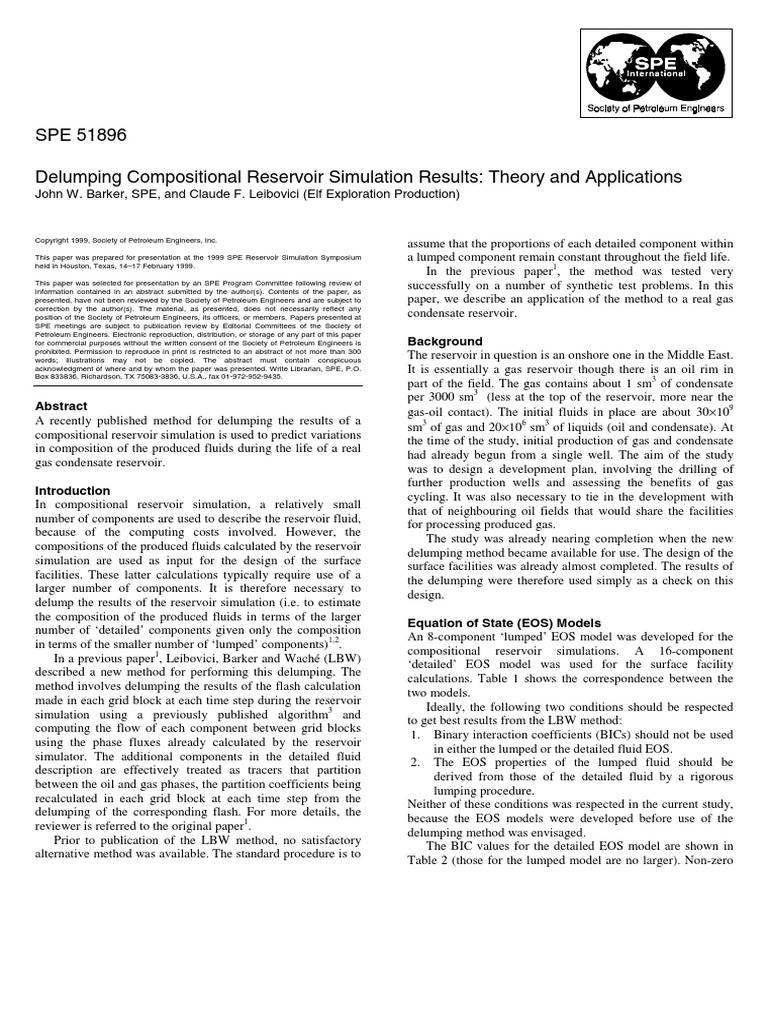 SPE 51896 Delumping Compositional Reservoir Simulation Results: Theory ...