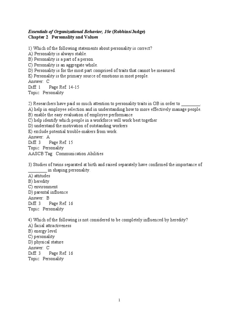 Chapter 2练习 Personality and Values | PDF | Extraversion And ...