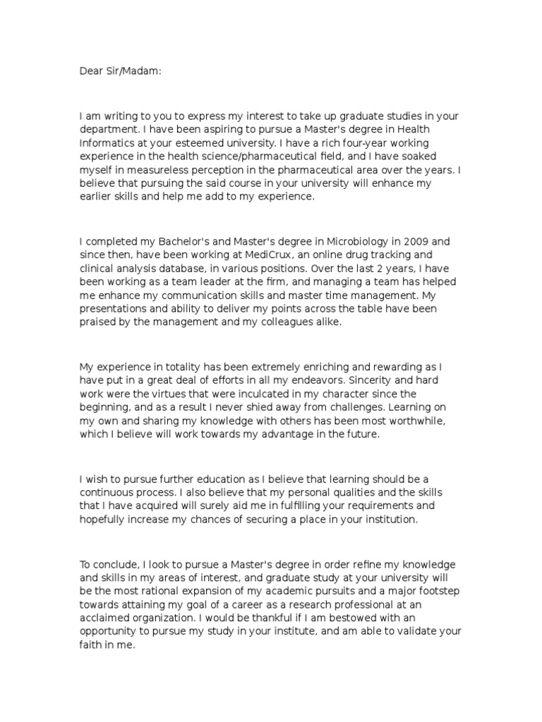 Graduate School Letter of Intent Samples | PDF