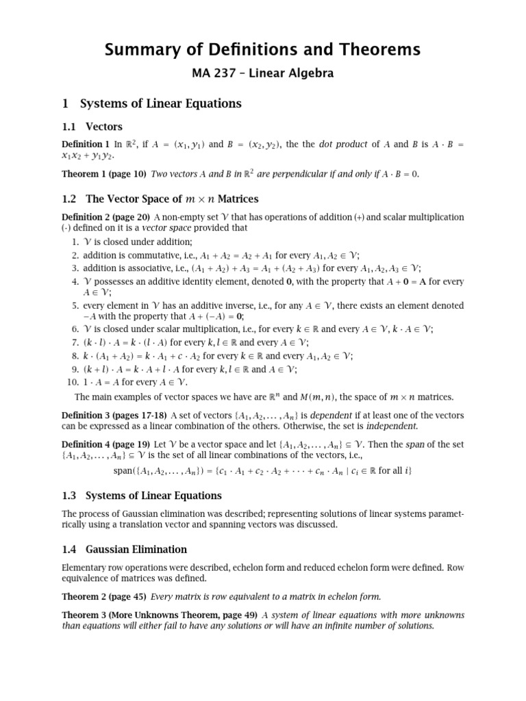 Summary (Linear Algebra) | PDF | Vector Space | Matrix (Mathematics)