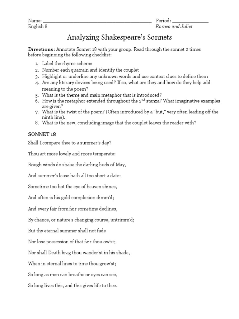 Analyzing Shakespeare's Sonnets: Directions: Annotate Sonnet 18 With ...