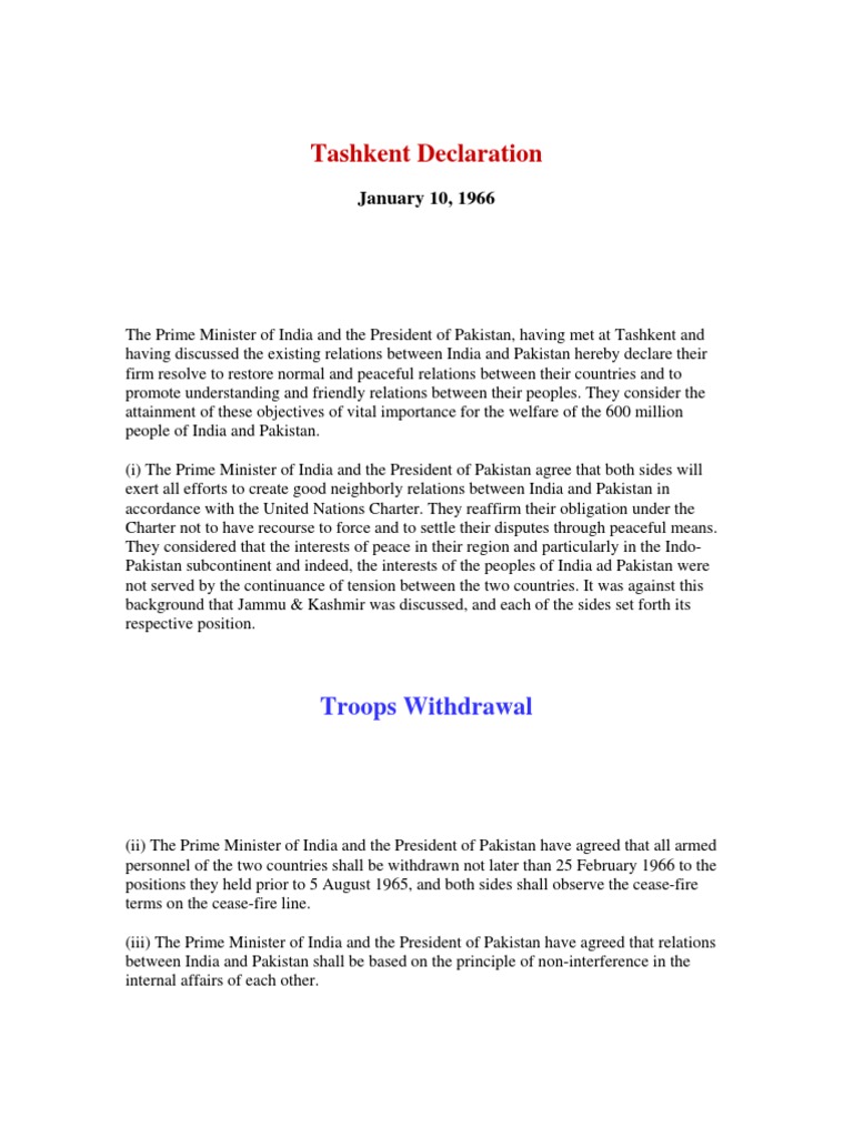 Tashkent Declaration by Asif Raja | PDF | Pakistan | Ceasefire