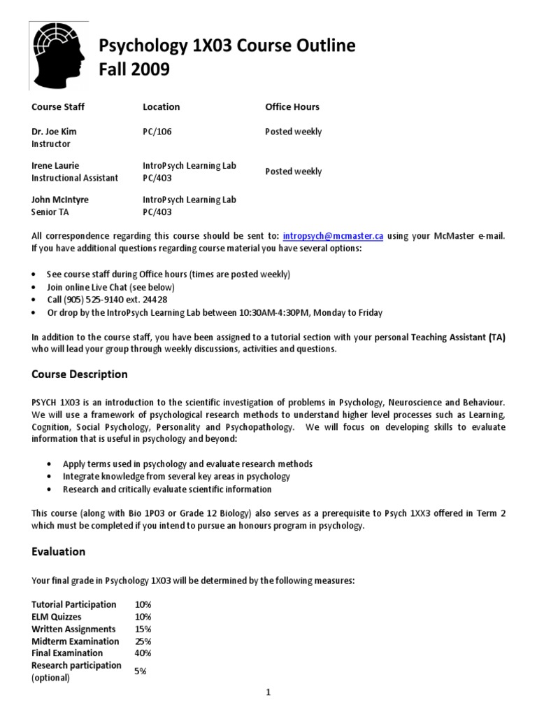Psychology 1X03 Course Outline Fall 2009 | PDF | Academic Dishonesty ...