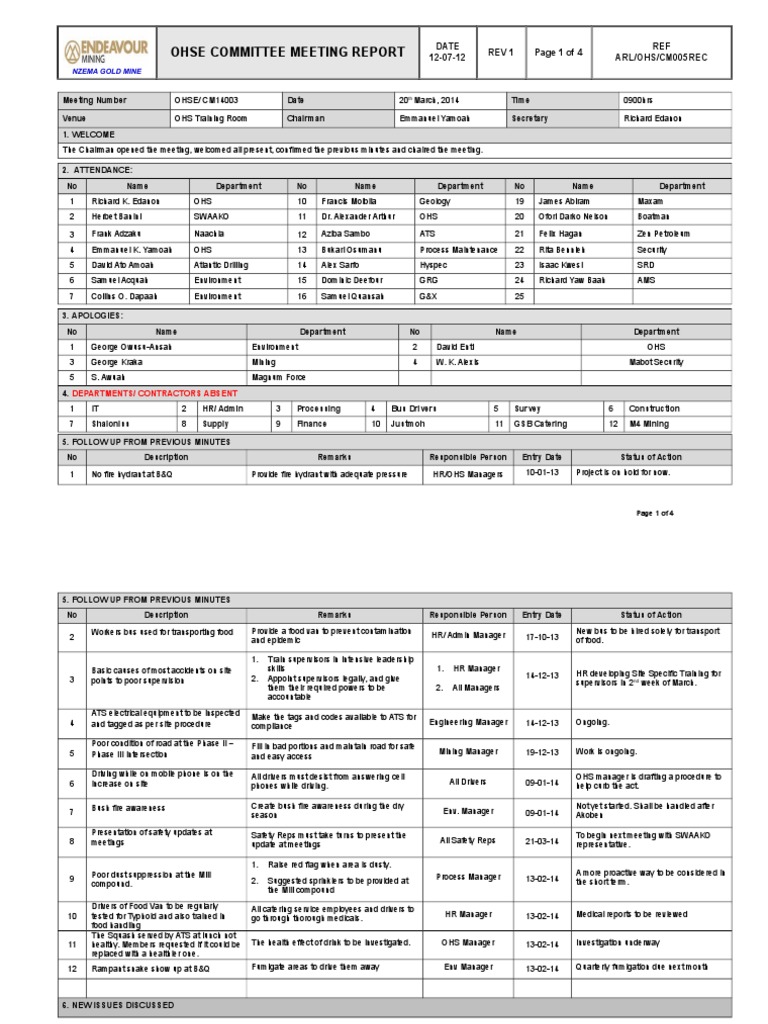 OHSE Committee Meeting Minutes Mar 2014-2 | PDF | Transport | Water