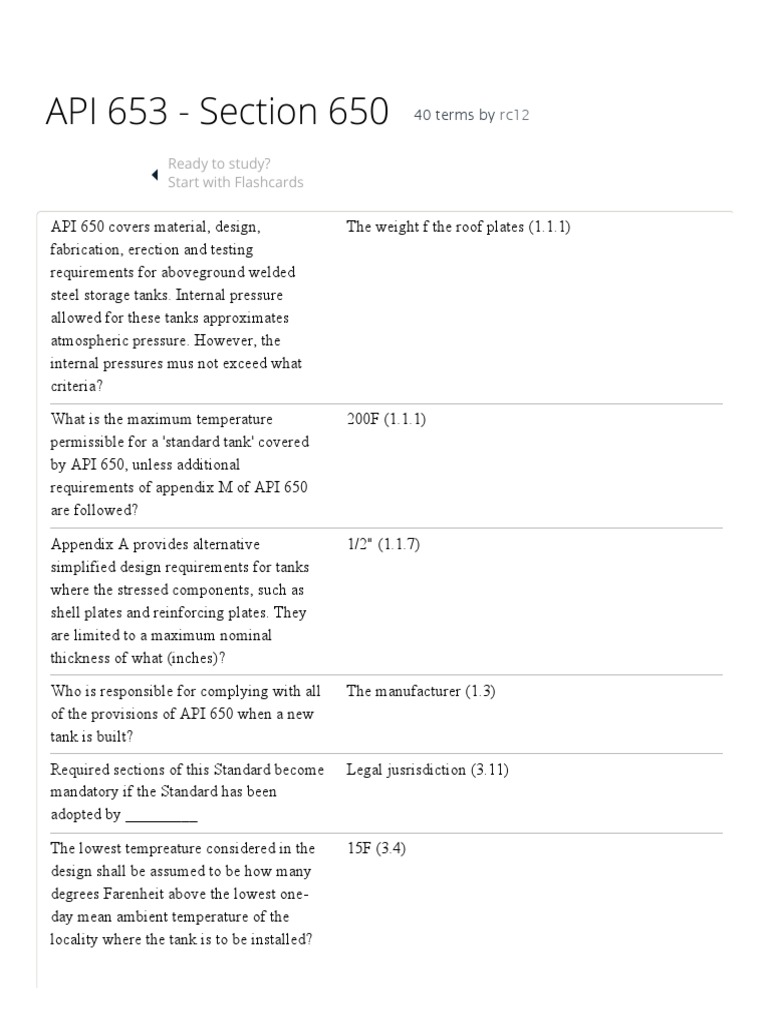 API 653 - Section 650 Flashcards - Quizlet | PDF | Structural Steel ...