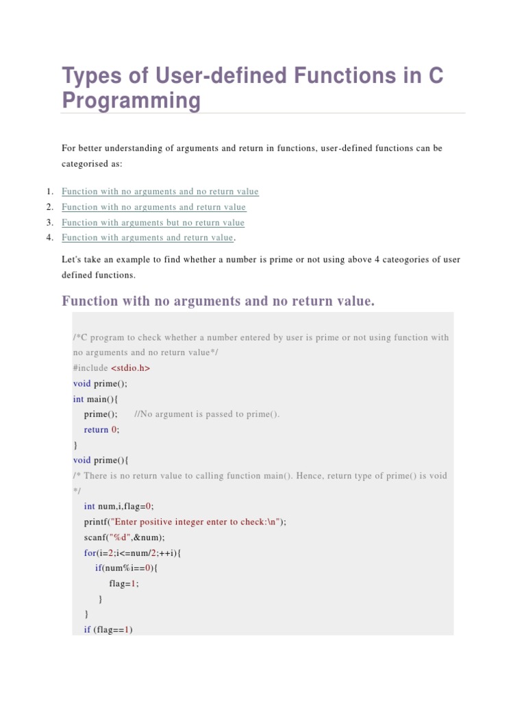 C Programming - Types of User-Defined Functions | PDF