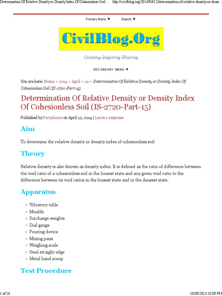Determination of Relative Density or Density Index of Cohesionless Soil ...