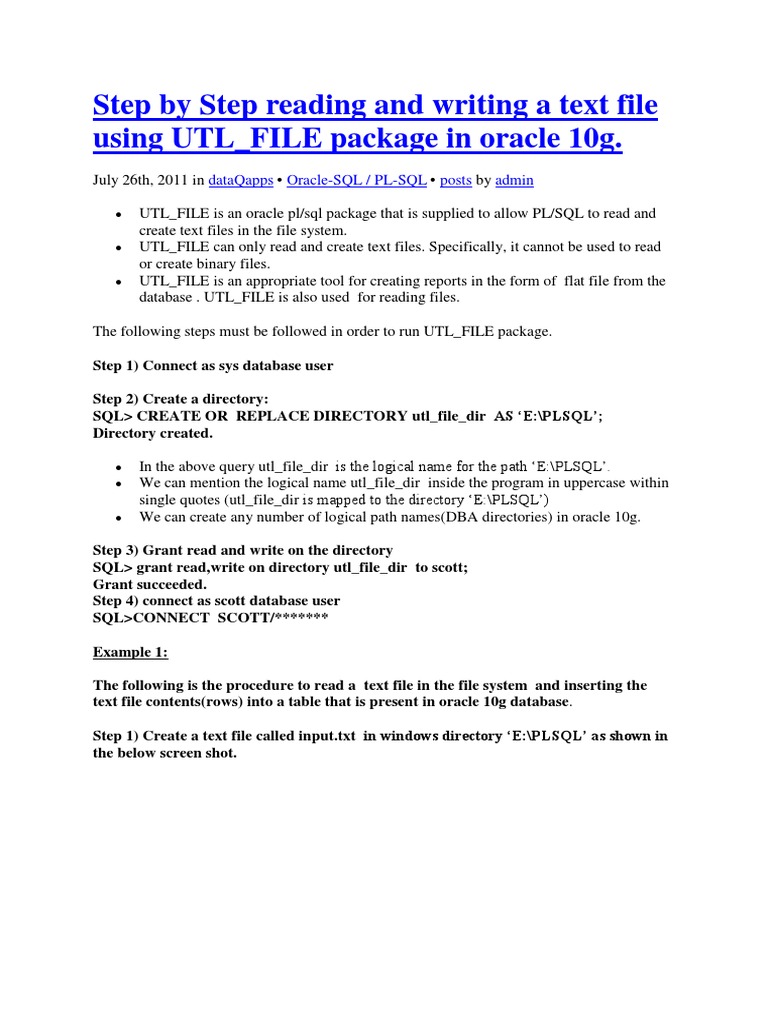 Step by Step Reading and Writing A Text File Using UTL in Oracle | PDF | Oracle Database | Pl/Sql
